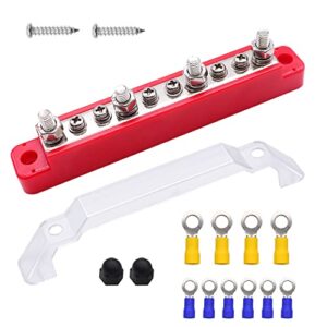 aienxn red battery bus bar 4 x m6 terminal studs, 6 x m4 terminal screws, 12v power distribution block with ring terminals for car, rv, boat, marine q-o-038-10-b-r