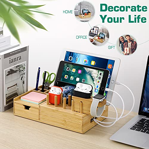 Bamboo Charging Station for Multiple Devices - Darfoo Desktop Docking Station Organizer Compatible with Cell Phones, Tablet, Smart Watch & Earbuds (Included 6 Mixed Cables, No USB Charger)