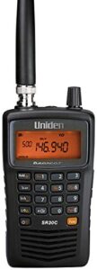 uniden bearcat sr30c, 500-channel compact handheld scanner, close call rf capture, turbo search, pc programable, nascar, racing, aviation, marine, railroad, and non-digital police, fire, public safety