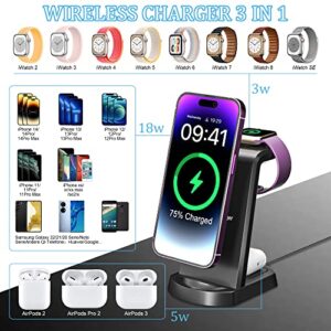 Wireless Charger 3 in 1, 18W Phone Charger Stand, Wireless Charger, Charging Station with Fast Charging Adapter for iPhone/14/13/12/11/Pro/X/Max, AirPods 3/2 Pro, Apple Watch,Samsung, Xiaomi, Huawei