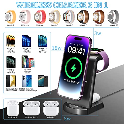 Wireless Charger 3 in 1, 18W Phone Charger Stand, Wireless Charger, Charging Station with Fast Charging Adapter for iPhone/14/13/12/11/Pro/X/Max, AirPods 3/2 Pro, Apple Watch,Samsung, Xiaomi, Huawei