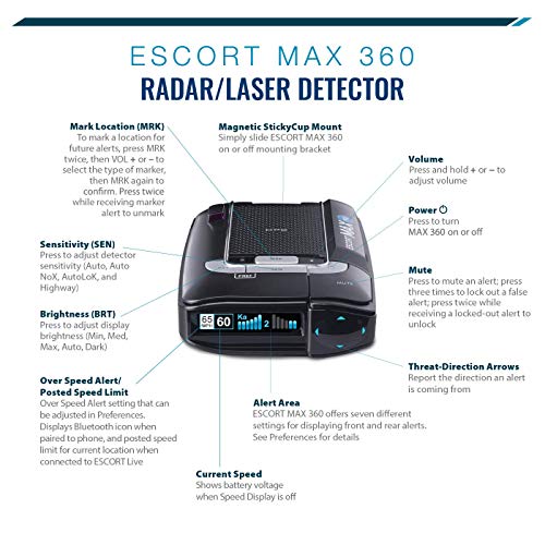 ESCORT Max 360 Laser Radar Detector - GPS, Directional Alerts, Dual Antenna Front and Rear, Bluetooth Connectivity, Voice Alerts, OLED Display, Escort Live