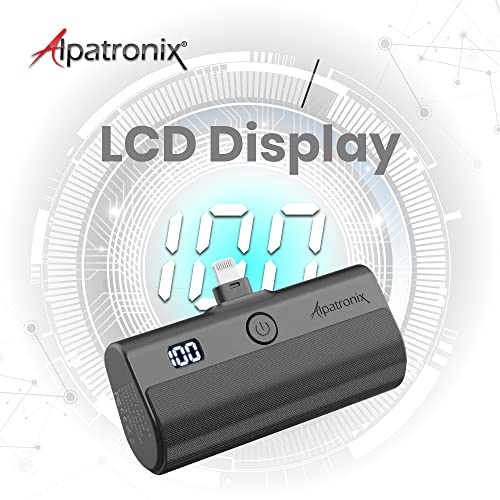 Alpatronix Mini Portable Charger for iPhone 5000mAh LCD Display Ultra-Compact Battery Fast Charging Power Bank Compatible with All iPhones, AirPods, and iPads with Carrying Case - PX100 (Black)