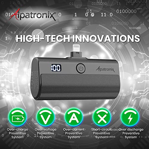 Alpatronix Mini Portable Charger for iPhone 5000mAh LCD Display Ultra-Compact Battery Fast Charging Power Bank Compatible with All iPhones, AirPods, and iPads with Carrying Case - PX100 (Black)