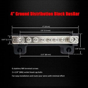 6 Terminals Bus Bar, Ampper 4" Ground Distribution Block Brass Battery BusBar Junction for Car Vehicle Rv Truck Marine Boat Audio Amplifier and More (Black)