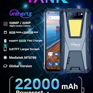 Unihertz Tank 4G Rugged Smartphone with 22000mAh Largest Battery, 66W Fast Charging, 6.81" FHD, 108MP Camera 20MP Night Vision, IP68 Waterproof 8GB+256GB, Fingerprint/Face Recognition