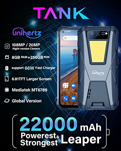 Unihertz Tank 4G Rugged Smartphone with 22000mAh Largest Battery, 66W Fast Charging, 6.81" FHD, 108MP Camera 20MP Night Vision, IP68 Waterproof 8GB+256GB, Fingerprint/Face Recognition