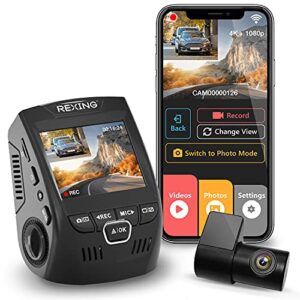 rexing v1p 4k car dash cam 2.4″ lcd 2160p front + 1080p rear wi-fi 170° wide angle dual channel with rear cam, g-sensor, wdr, loop recording mobile app supercapacitor