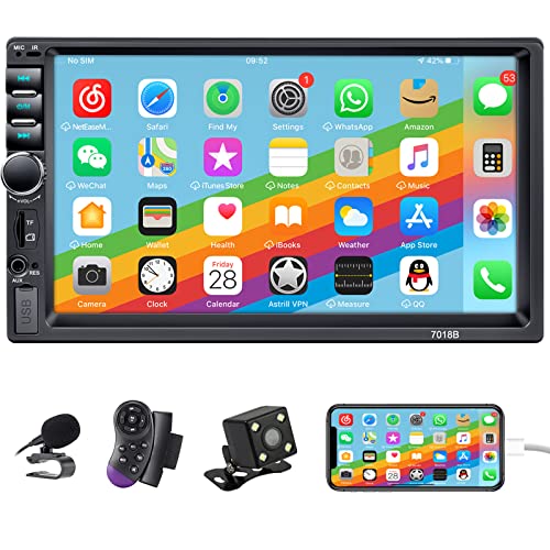 Double Din Car Stereo with Backup Camera, 7 Inch Touchscreen Car Radio Bluetooth Support Mirror Link, Hands Free Call/FM/TF/USB/EQ/Aux, Multimedia Car Audio with Steering Wheel Remote/Fast Charging