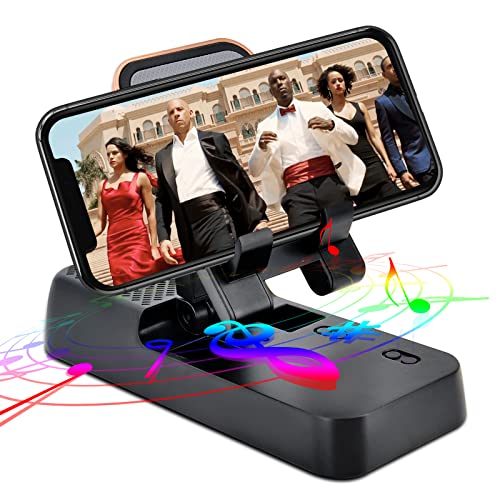 Cell Phone Stand with Bluetooth Speaker, Built-in USB Charging Port and SD Card Slot, HD Surround Sound Bluetooth Speaker with Adjustable Phone Holder for Desk