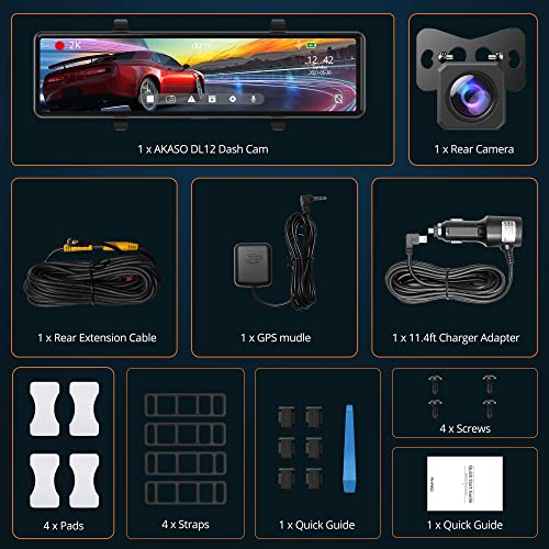 AKASO DL12 2.5K Mirror Dash Cam Voice Control 12" Touch Screen Front and Rear Dual Dash Camera for Cars Night Vision Backup Camera with Sony Starvis Sensor GPS G-Sensor Parking Assistance