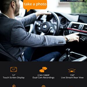 AKASO DL12 2.5K Mirror Dash Cam Voice Control 12" Touch Screen Front and Rear Dual Dash Camera for Cars Night Vision Backup Camera with Sony Starvis Sensor GPS G-Sensor Parking Assistance