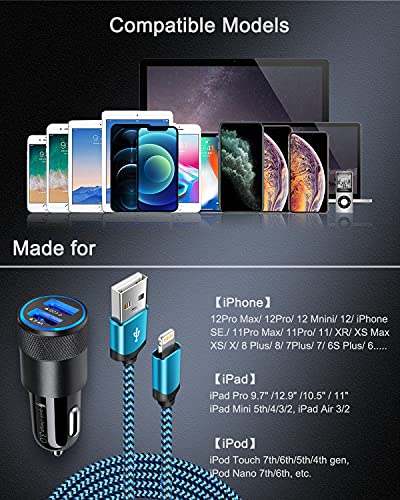 iPhone Car Charger Fast Charging for iPhone 14 13 12 Pro Max Mini SE 11Pro Max X 10 XR XS 8 Plus, 30W Dual Port Cigarette Lighter Adapter + Braided Apple Lightning Cable i Phone Charger Cord Wire 6FT