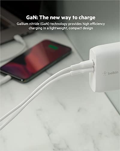 Belkin BoostCharge USB C 68W GaN Wall Charger with Dual Ports - iPhone Charger Fast Charging, Type C Charger, USB C Charger w/ PD for Samsung Galaxy, iPad Pro, Macbook Pro, Includes 2M USB C Cable