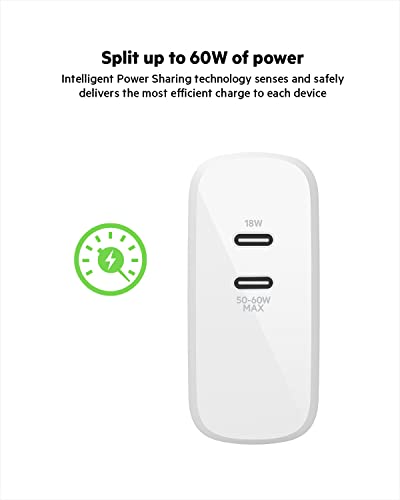 Belkin BoostCharge USB C 68W GaN Wall Charger with Dual Ports - iPhone Charger Fast Charging, Type C Charger, USB C Charger w/ PD for Samsung Galaxy, iPad Pro, Macbook Pro, Includes 2M USB C Cable