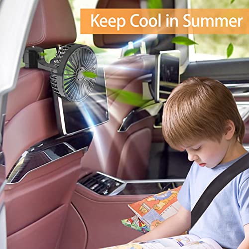 KINOWJI Electric Car Cooling Fan, USB Backseat Auto Rear Seat Fan 3 Speed Vehicle Clip Fan with 5 Piece Fan Blades for Car Vehicle Truck Van SUV RV Boat Bus