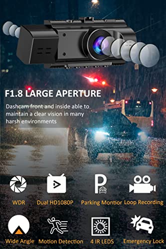 Dual Dash Cam Front and Inside FHD 1080P Dash Camera for Cars Dashcams for Cars with Infrared Night Vision Car Camera Driving Recorder 24H Park Monitor Motion Detection G-Sensor for Taxi Uber