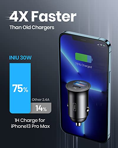 Car Charger, INIU Dual Ports [USB C 30W+USB A 30W] 5A QC 3.0 PD Fast Charge Car Charger Adapter, All-Metal Mini USB C Car Charger for iPhone 14 13 12 Pro Max iPad Samsung S21 MacBook Airpods Tablets