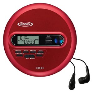 jensen cd-65 portable personal cd player cd/mp3 player + digital am/fm radio + with lcd display bass boost 60-second anti skip cd r/rw/compatible sport earbuds included