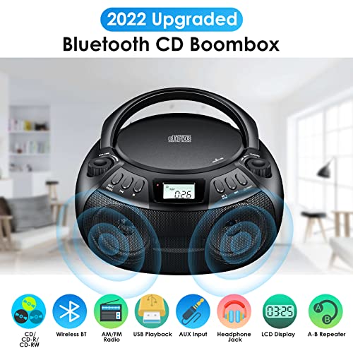 Gueray CD Player Portable with Bluetooth Boombox AM/FM Radio Portable CD Player Stereo Sound Speaker USB Port MP3 Playback 3.5mm AUX Input Headphone Jack LCD Display CD-R CD-RW MP3WMA Playback