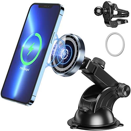 Magnetic Wireless Car Charger, 18W Fast Mag Safe Car Charging Dashboard Mount with Adjustable Metal Air Vent Hook Compatible with iPhone 14/13 Pro/13 mini/12/12 Pro/12 Pro Max/12 Mini