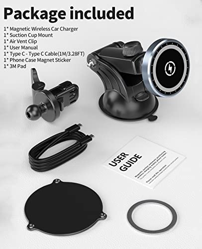 Magnetic Wireless Car Charger, 18W Fast Mag Safe Car Charging Dashboard Mount with Adjustable Metal Air Vent Hook Compatible with iPhone 14/13 Pro/13 mini/12/12 Pro/12 Pro Max/12 Mini