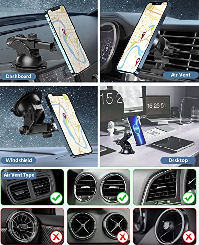 Magnetic Wireless Car Charger, 18W Fast Mag Safe Car Charging Dashboard Mount with Adjustable Metal Air Vent Hook Compatible with iPhone 14/13 Pro/13 mini/12/12 Pro/12 Pro Max/12 Mini