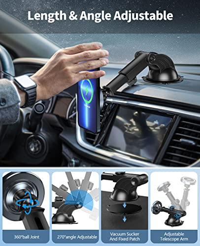 Magnetic Wireless Car Charger, 18W Fast Mag Safe Car Charging Dashboard Mount with Adjustable Metal Air Vent Hook Compatible with iPhone 14/13 Pro/13 mini/12/12 Pro/12 Pro Max/12 Mini