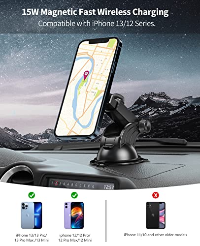 Magnetic Wireless Car Charger, 18W Fast Mag Safe Car Charging Dashboard Mount with Adjustable Metal Air Vent Hook Compatible with iPhone 14/13 Pro/13 mini/12/12 Pro/12 Pro Max/12 Mini