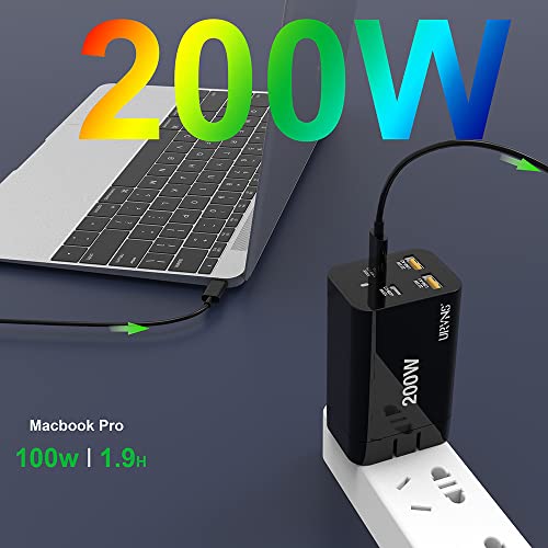 200W USB C Charger, URVNS PD 100W PPS 45W QC22.5W Super Fast Charging GaN Wall Charger with USB C Cable for MacBook iPhone 14 13 12 Pro Max iPad Samsung Pixel and More