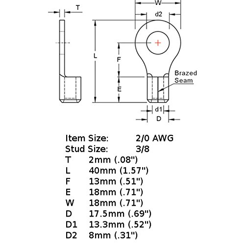 JacobsParts 2/0 AWG Insulated Ring Terminal 00 Gauge, 5/16" US Custom Stud Size, Red and Black Boots for Car Audio Amp/High Current Power Cable/Ground Wire