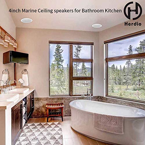 Herdio 4 Inches Waterproof Marine Ceiling Speakers with 160 Watts Power, Handling for Kitchen Bathroom Boat Car RV Camper Motorcycle Cloth Surround and Low Profile Design - 1 Pair (White)