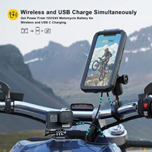 iMESTOU Waterproof Motorcycle Wireless Mount with USB-C Fast Charger, Anti-Theft 1" Ball Phone Holder with Aluminum Handlebar Mounting Base Fits for 5.5"-6.8" Cellphones (L)