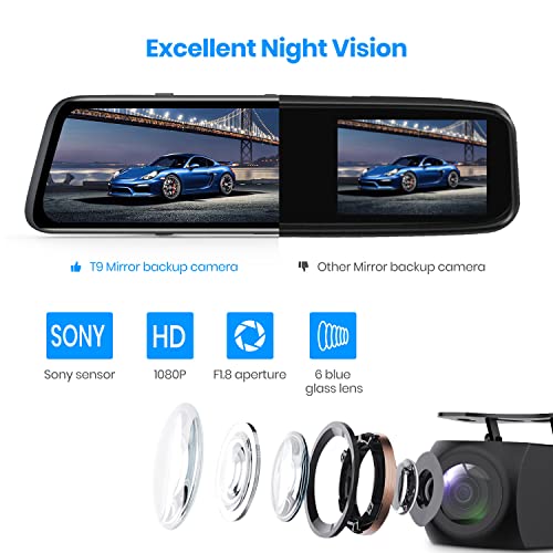 AUTO-VOX T9 OEM Look Rear View Mirror Backup Camera with Neat Wiring, 9.35''Full Touch Screen Stream Media Monitor with Back Up Camera System, 1080P Super Night Vision Reverse Camera for Car/Trucks