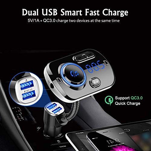 Bluetooth 5.0 FM Transmitter for Car Wireless FM Radio Adapter Car Kit Hands-Free Dual USB Ports with QC3.0 Support SIRI/Google Voice Assistant AUX Input/TF Card/USB Drive MP3 Player