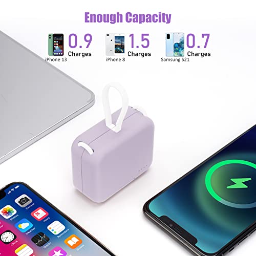 ODGUV Small Portable Charger 4000mAh,Cute Power Bank Built in Cable,Mini Fast Charging USB C Phone Charger,Ultra-Compact External Battery Pack for iPhone Samsung Google,Purple