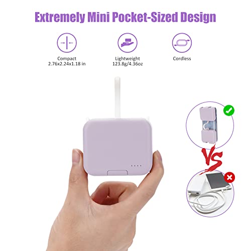 ODGUV Small Portable Charger 4000mAh,Cute Power Bank Built in Cable,Mini Fast Charging USB C Phone Charger,Ultra-Compact External Battery Pack for iPhone Samsung Google,Purple