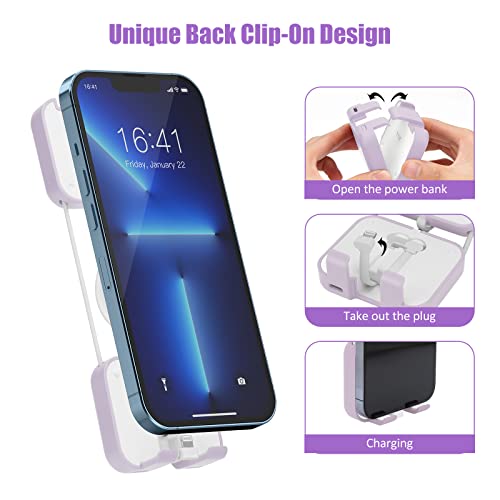 ODGUV Small Portable Charger 4000mAh,Cute Power Bank Built in Cable,Mini Fast Charging USB C Phone Charger,Ultra-Compact External Battery Pack for iPhone Samsung Google,Purple