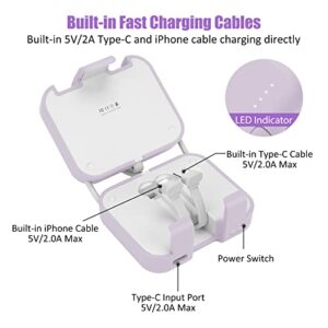 ODGUV Small Portable Charger 4000mAh,Cute Power Bank Built in Cable,Mini Fast Charging USB C Phone Charger,Ultra-Compact External Battery Pack for iPhone Samsung Google,Purple