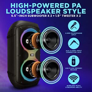 Pyle Party Speaker PPARTY26, PA System W/Double 6.5" Portable Bluetooth Speaker W/Rechargeable Battery, Modern LED Lights, Mic Recording Functions, Echo/Treble/Bass TWS/AUX/MP3/USB/MICRSD/FM