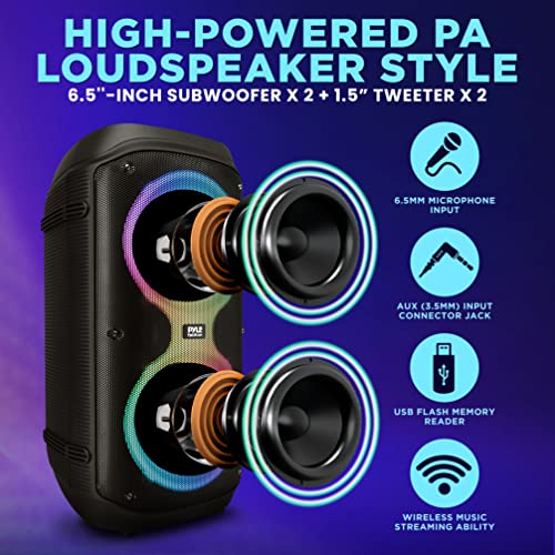 Pyle Party Speaker PPARTY26, PA System W/Double 6.5" Portable Bluetooth Speaker W/Rechargeable Battery, Modern LED Lights, Mic Recording Functions, Echo/Treble/Bass TWS/AUX/MP3/USB/MICRSD/FM