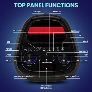 Pyle Party Speaker PPARTY26, PA System W/Double 6.5" Portable Bluetooth Speaker W/Rechargeable Battery, Modern LED Lights, Mic Recording Functions, Echo/Treble/Bass TWS/AUX/MP3/USB/MICRSD/FM