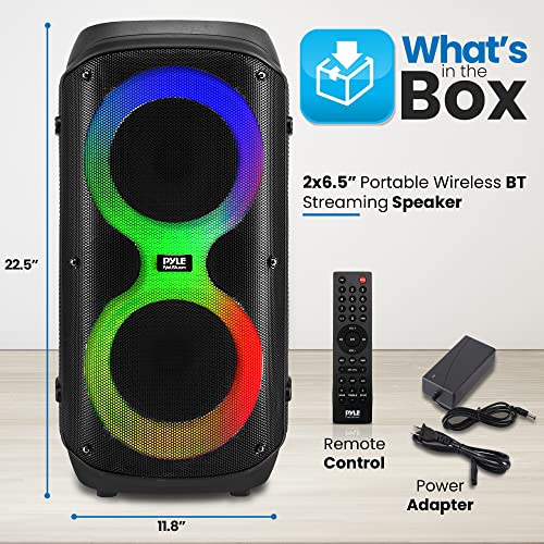 Pyle Party Speaker PPARTY26, PA System W/Double 6.5" Portable Bluetooth Speaker W/Rechargeable Battery, Modern LED Lights, Mic Recording Functions, Echo/Treble/Bass TWS/AUX/MP3/USB/MICRSD/FM