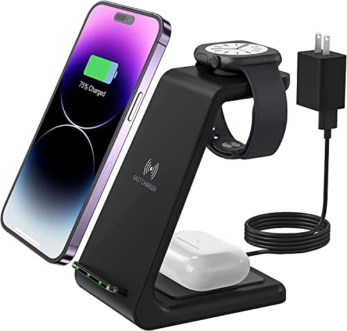 Wireless Charger for Apple Multiple Devices, KOPIDOE Charging Station Dock Compatible with iPhone 14/13/12/11Series, Fast Stand for Apple iWatch 8/7/6/SE/5/4/3/2, AirPods 3/Pro/2 with Adapter (Black)