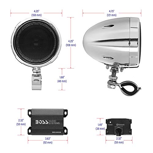 BOSS Audio Systems MC420B 3 Inch Motorcycle Speakers and Amplifier Audio Sound System – Class D Compact Amplifier, Weatherproof, Volume Control, ATV UTV Compatible, For Stereo, Tweeters