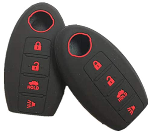 RUNZUIE 2Pcs Silicone Keyless Entry Remote Key Fob Cover Case Protector for Nissan Teana Murano Maxima Pathfinder Rogue Versa 370Z Sentra Altima CWTWB1U840 285E3-3SG0D（Black with Red 4 Buttons ）