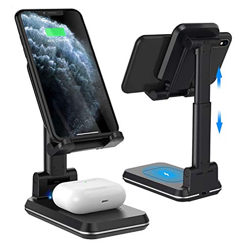 Wireless Charging Phone Stand, 2 in 1 Foldable Desktop Cell Phone Tablet Stand,10W Max Qi-Enabled Wireless Charging Multi-Angle Adjustable Metal Phone Holder for iPhone 13/12/11//Pro/XR/XS/8,AirPods