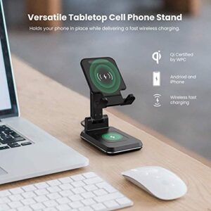 Wireless Charging Phone Stand, 2 in 1 Foldable Desktop Cell Phone Tablet Stand,10W Max Qi-Enabled Wireless Charging Multi-Angle Adjustable Metal Phone Holder for iPhone 13/12/11//Pro/XR/XS/8,AirPods