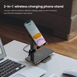 Wireless Charging Phone Stand, 2 in 1 Foldable Desktop Cell Phone Tablet Stand,10W Max Qi-Enabled Wireless Charging Multi-Angle Adjustable Metal Phone Holder for iPhone 13/12/11//Pro/XR/XS/8,AirPods