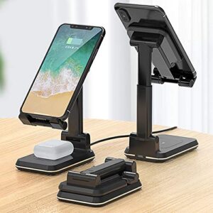 Wireless Charging Phone Stand, 2 in 1 Foldable Desktop Cell Phone Tablet Stand,10W Max Qi-Enabled Wireless Charging Multi-Angle Adjustable Metal Phone Holder for iPhone 13/12/11//Pro/XR/XS/8,AirPods